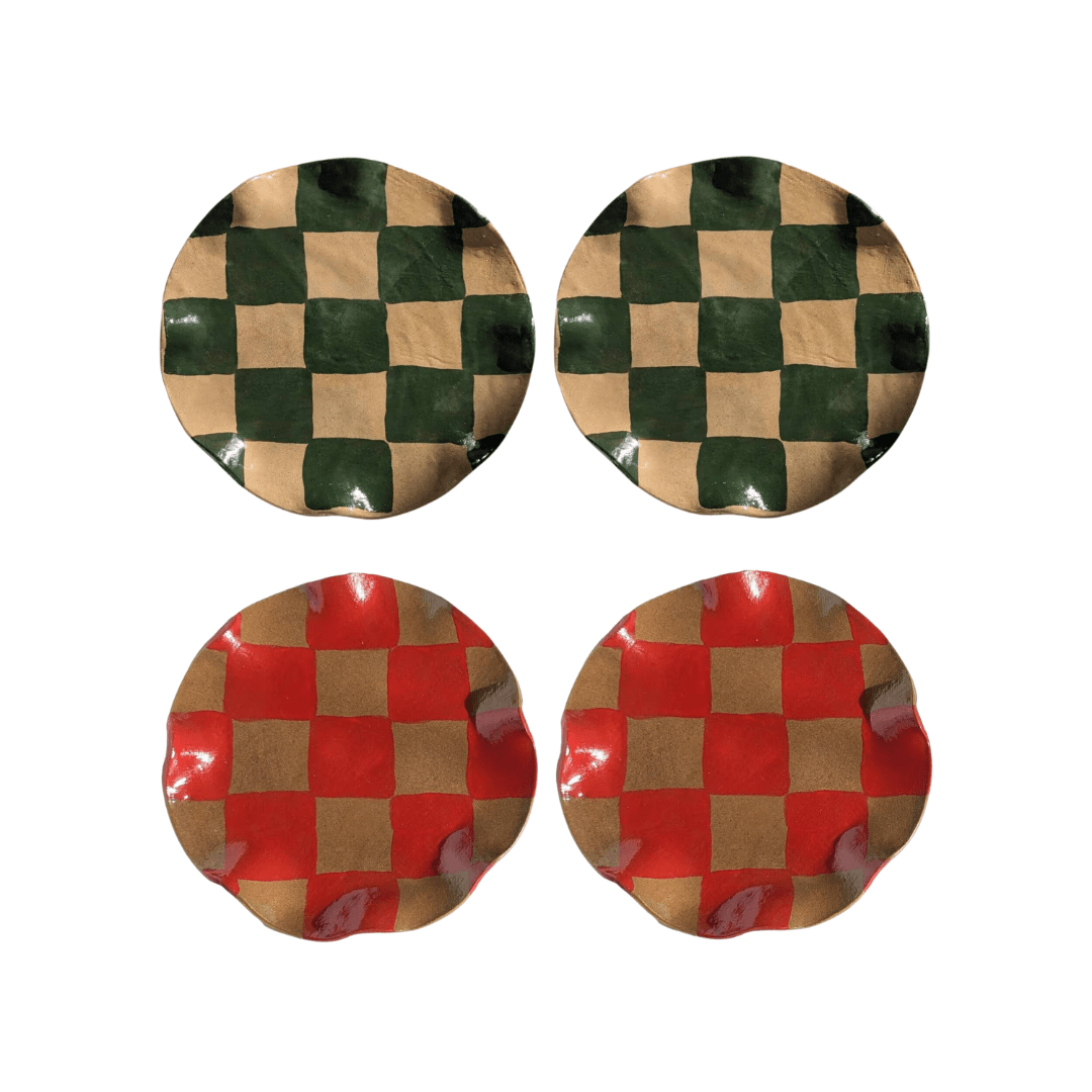 Set of 4 Green & Red Wavy Check Side Plates | Maison Flâneur