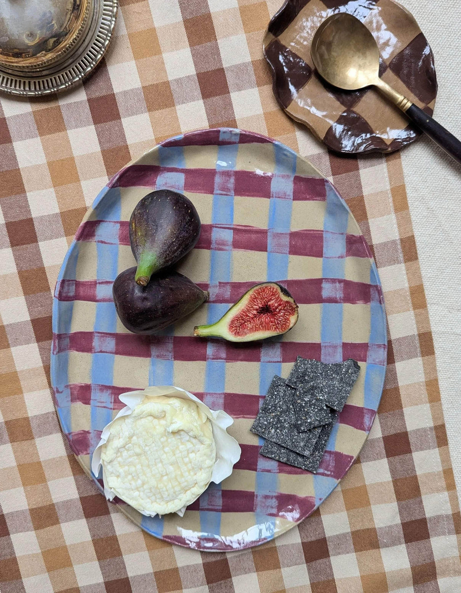 Baby Blue & Burgundy Gingham Oval Platter | Maison Flâneur