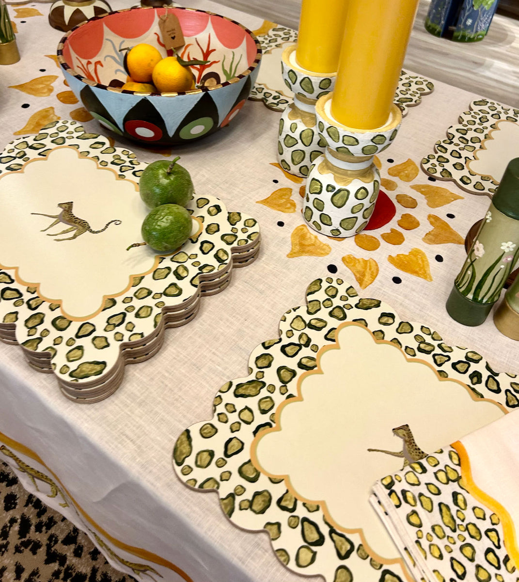 Large Rectange Scallop Green Leopard Table Mat | Maison Flâneur