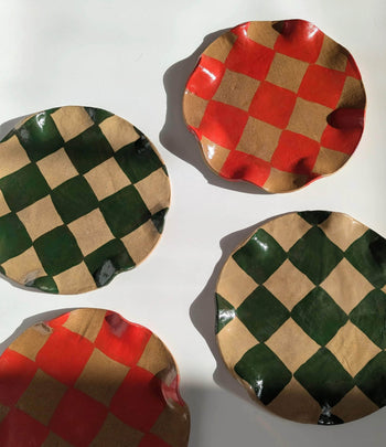 Set of 4 Green & Red Wavy Check Side Plates | Maison Flâneur