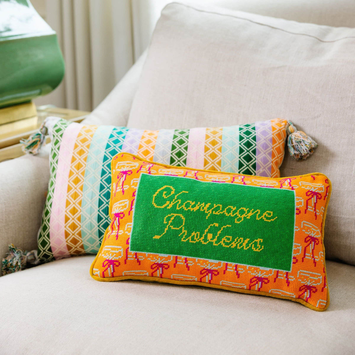 Champagne Problems Needlepoint Pillow | Maison Flâneur