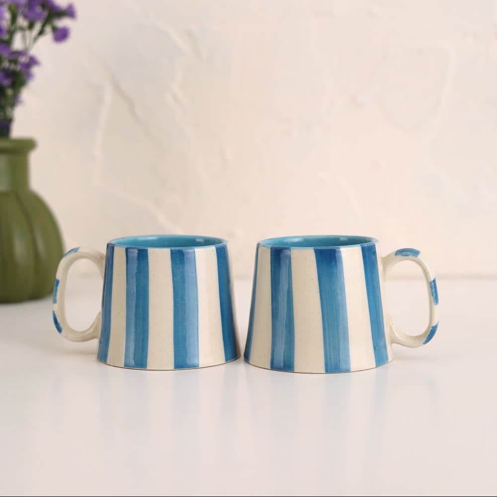 Ceramic Blue Stripe Coffee Cup - 220ml (SET OF 4) | Maison Flâneur