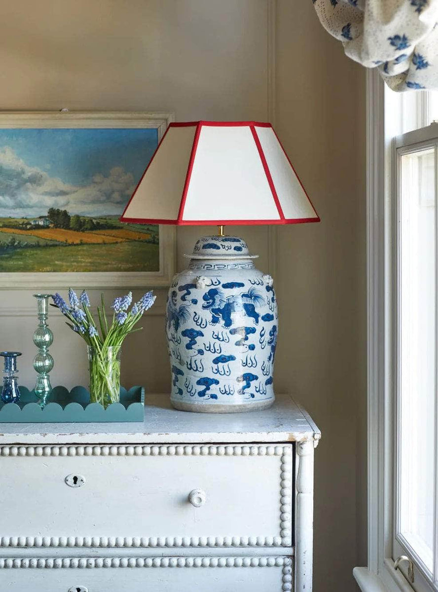 Hexagon Linen Lampshade, Red Trim - Large | Maison Flâneur