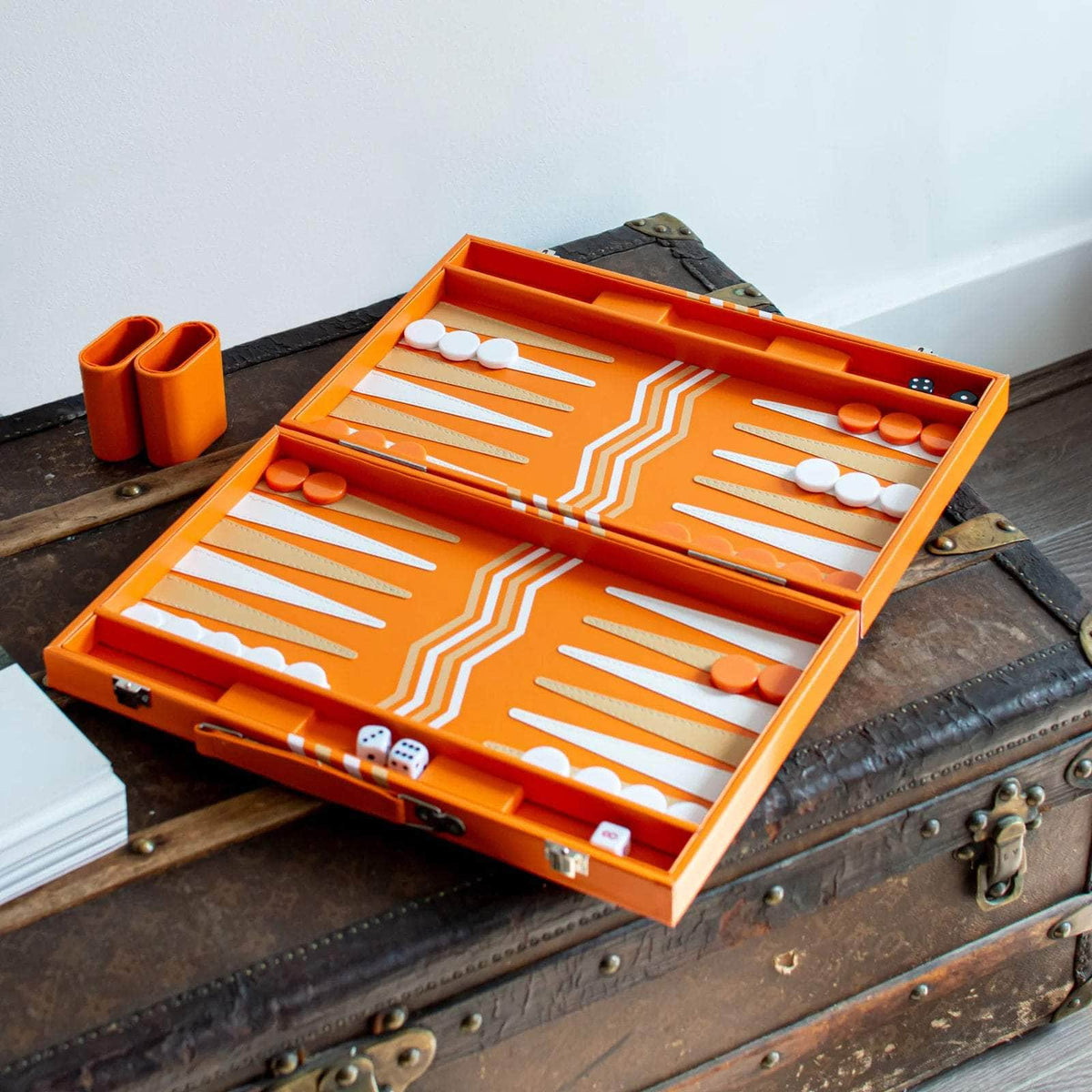 Leather Backgammon Orange | Maison Flâneur